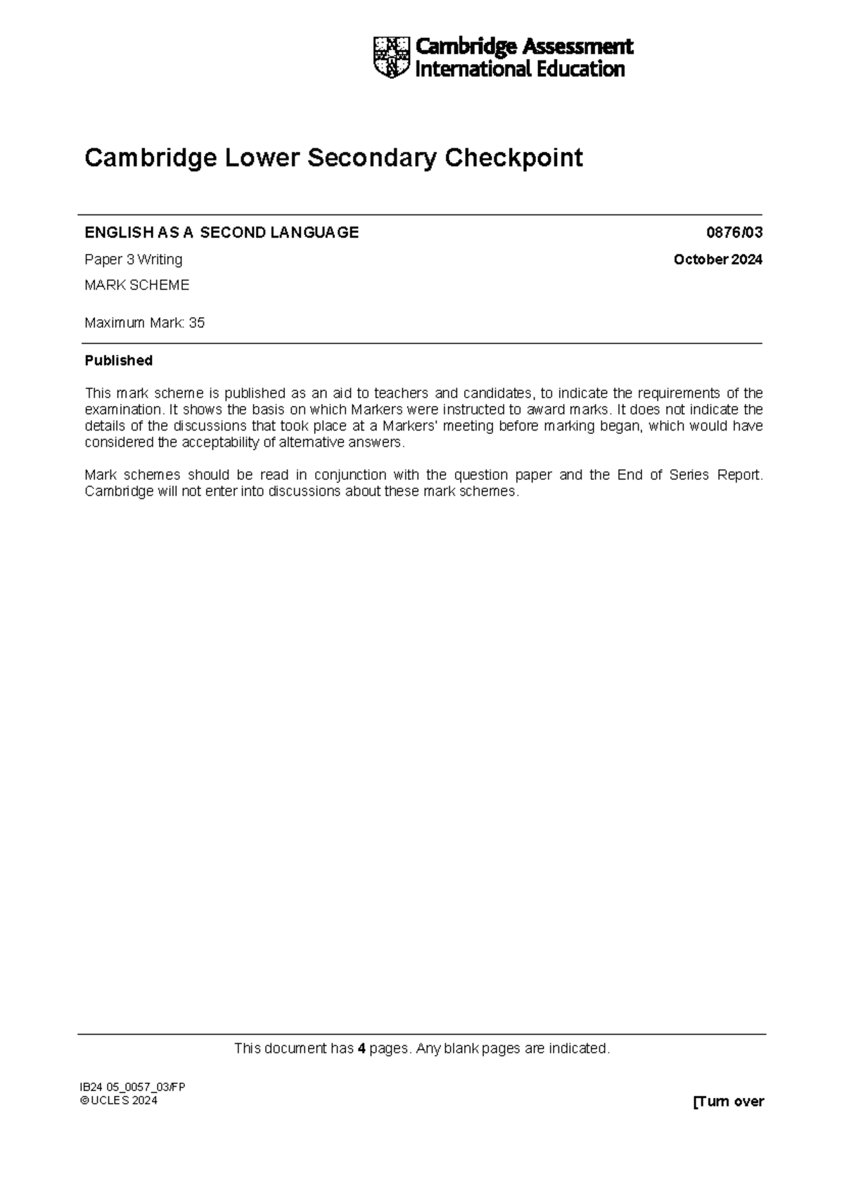 Cambridge Lower Secondary ESL Checkpoint Paper 3 Writing Mark Scheme ...