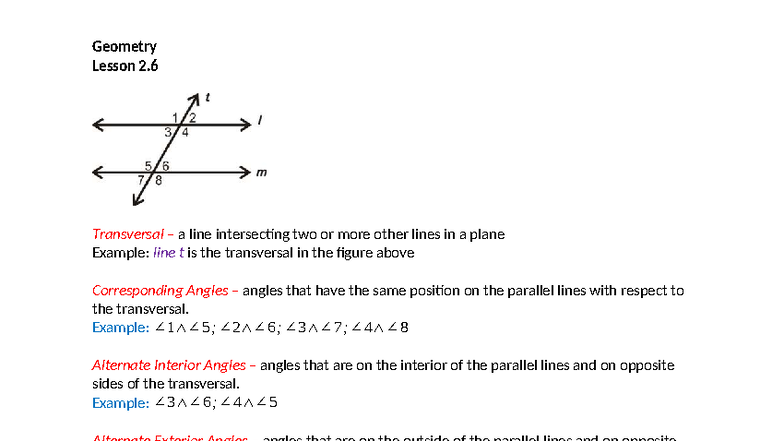 Geometry Lesson 2.6: Transversals and Angle Relationships - Studocu