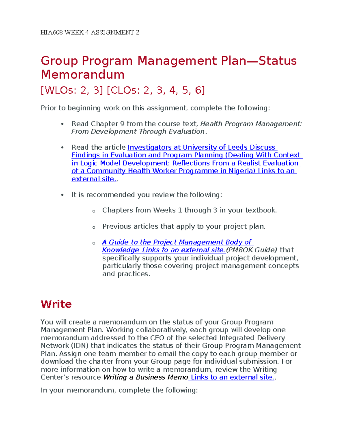HIA608 Week 4 Assignment 2: Group Program Management Memo - Studocu