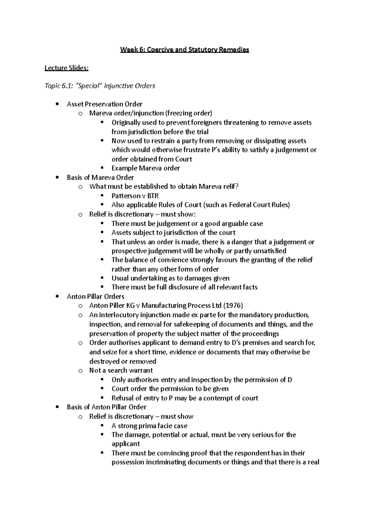 Week 6 Summary Notes - Week 6: Coercive and Statutory Remedies Lecture ...