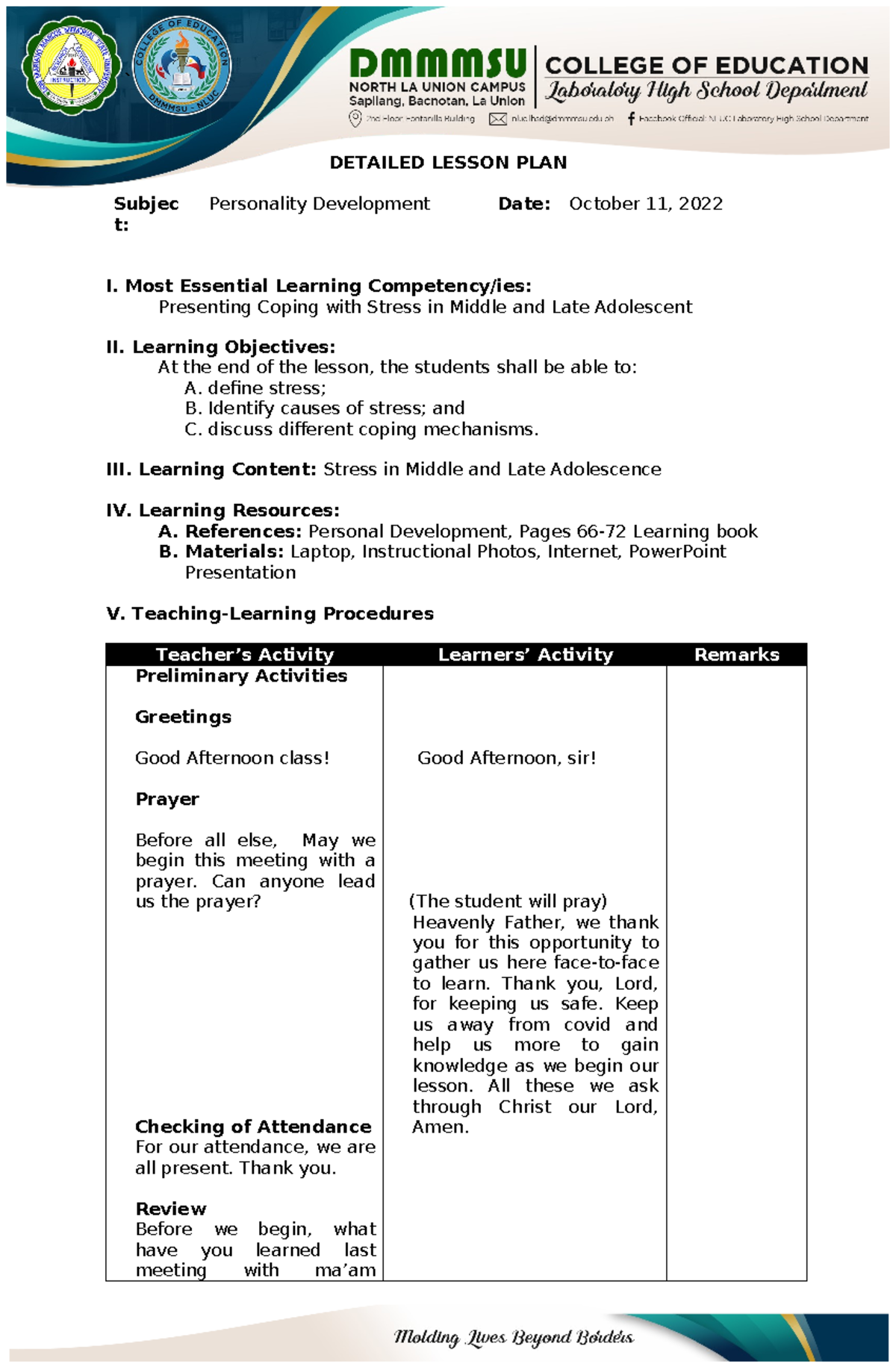 PD.LP1 Final - Comprehensive Lesson Plan on Stress Management - Studocu