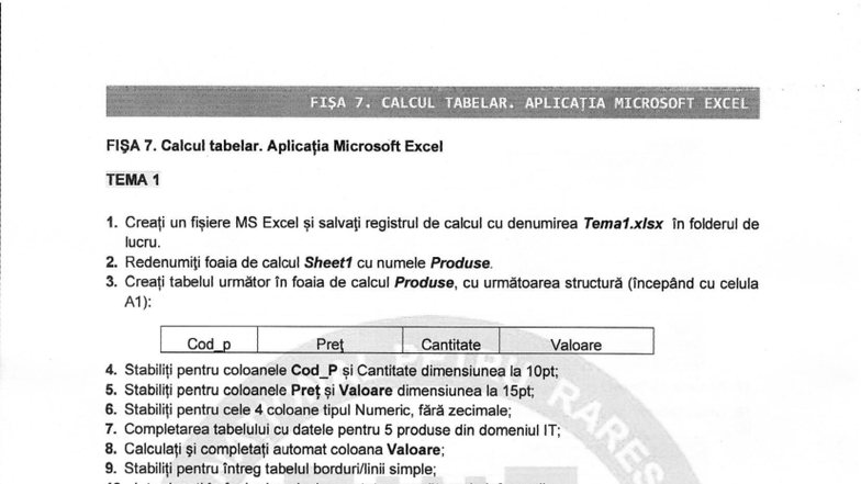 FISA 7. CALCUL TABELAR. APLICATIA MICROSOFT EXCEL - Mate - Studocu