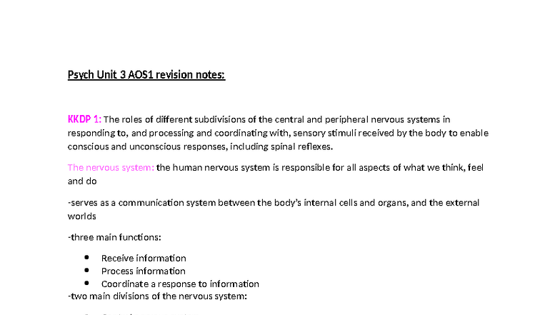Psych Unit 3 AOS1 Revision Notes: Nervous System & Stress Responses ...