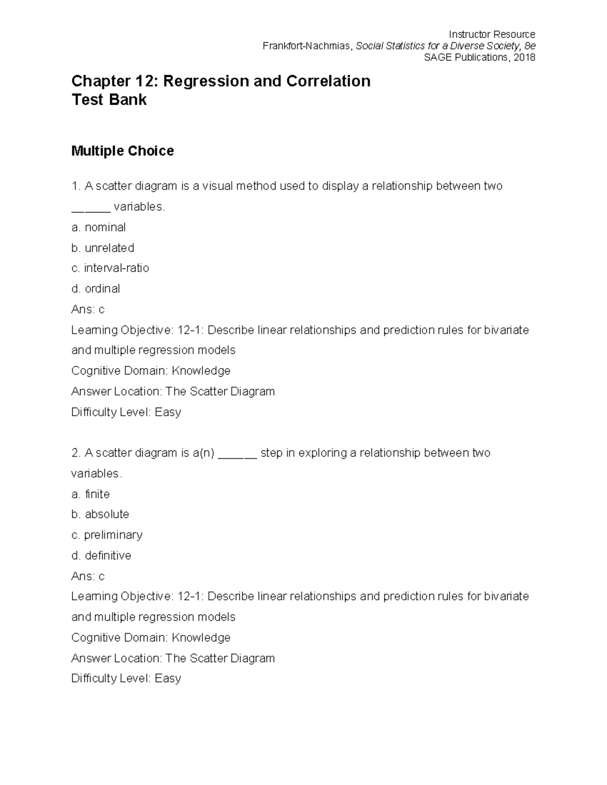 Social Statistics 8e: Chapter 12 Regression & Correlation Test Bank ...