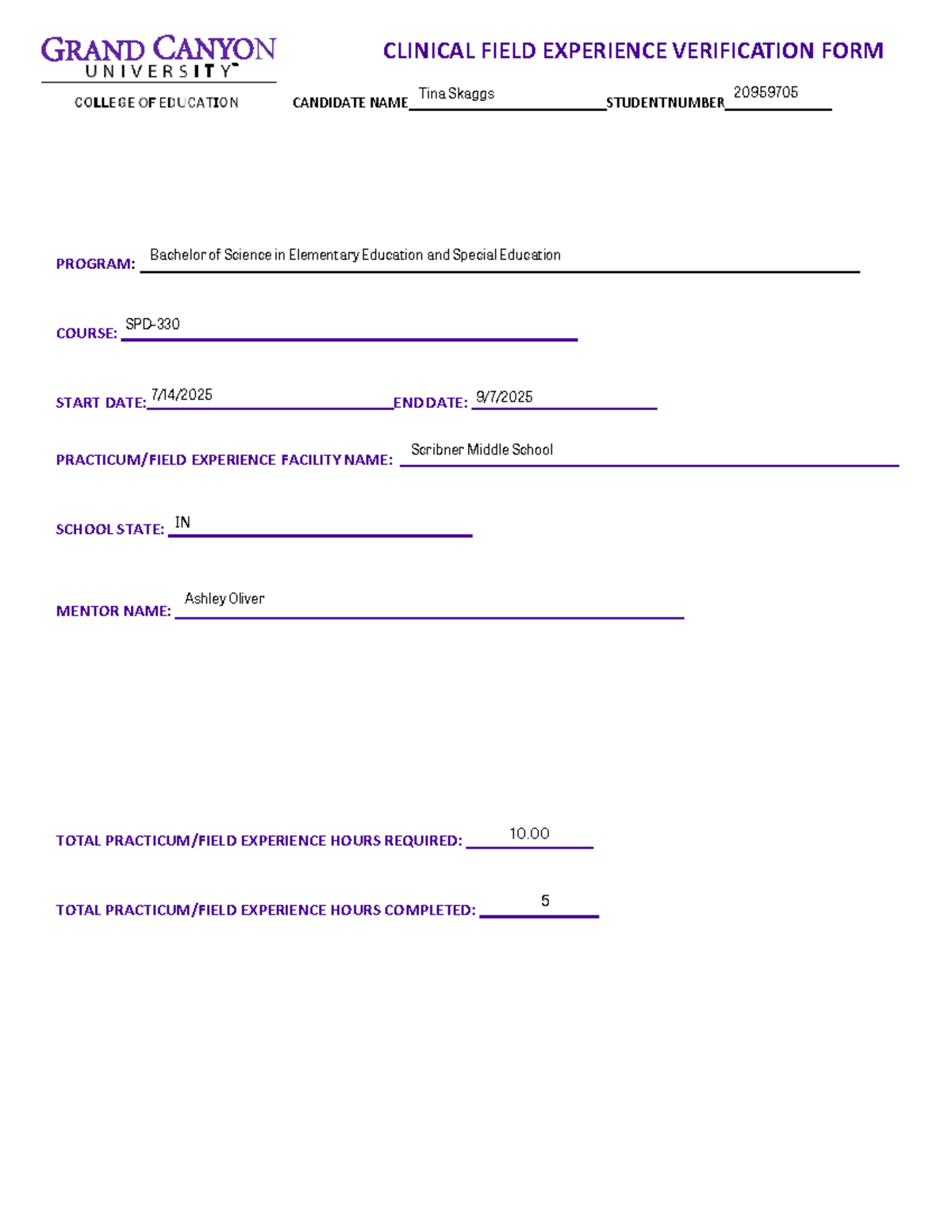 SPED-330 Clinical Field Experience Verification Form for Tina Skaggs ...