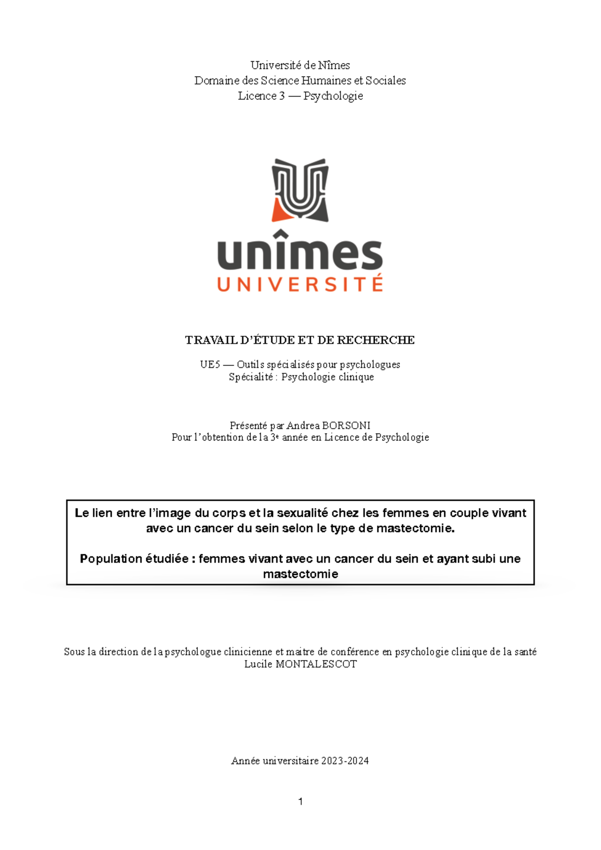 TER L3 Psychologie: Impact de la Mastectomie sur l'Image du Corps et la Sexualité - Studocu