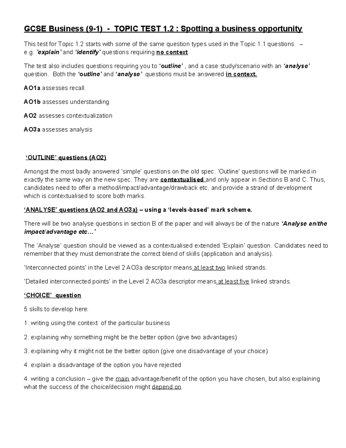 Gcse-9-1 - Business in dense content - GCSE Business (9-1) - TOPIC TEST ...