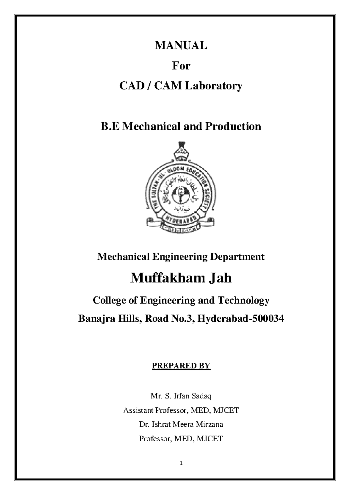 CAD CAM Laboratory Manual for B.E. Mechanical Engineering - Studocu