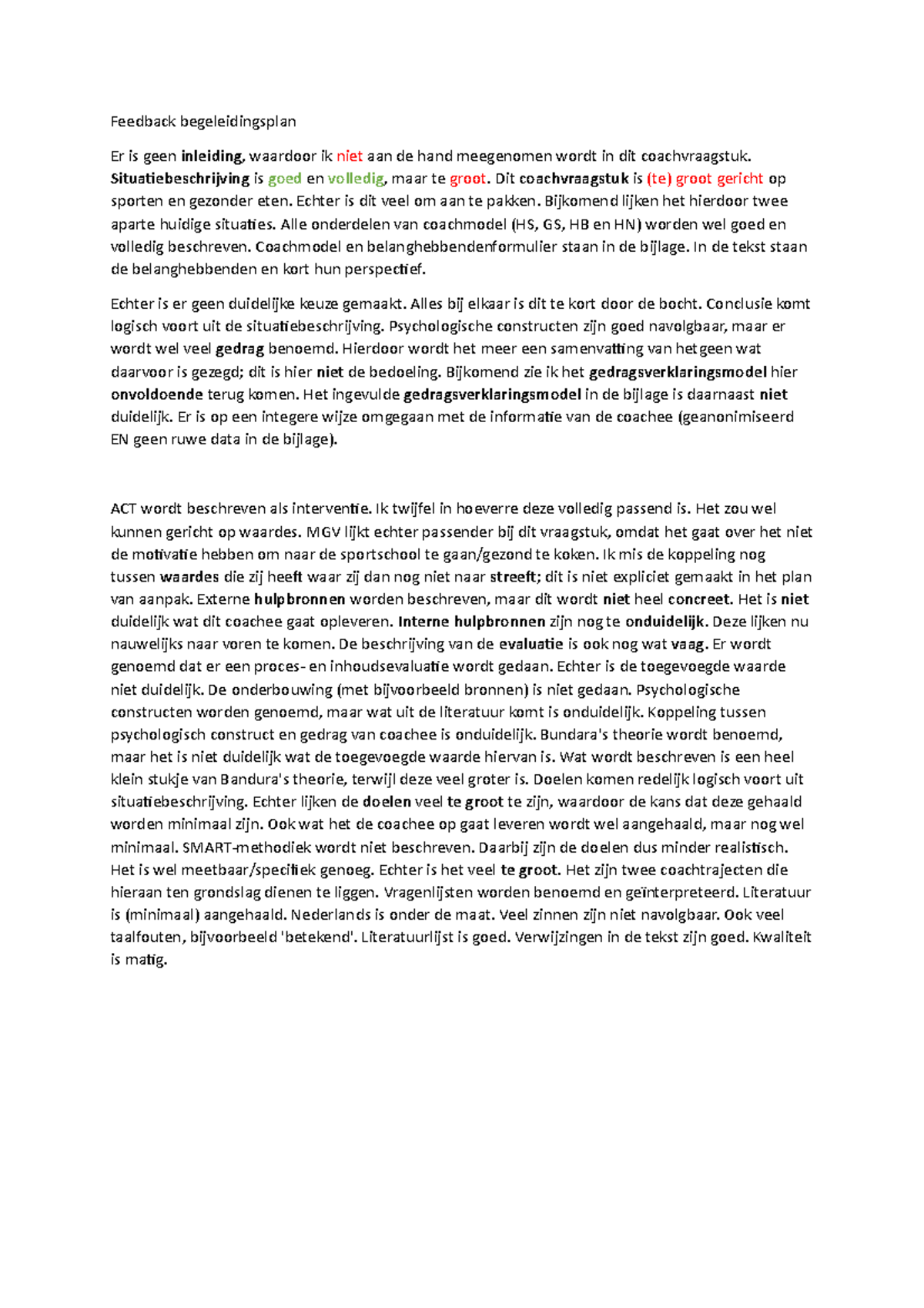 Feedback op Begeleidingsplan: Analyse en Verbeterpunten - Studeersnel