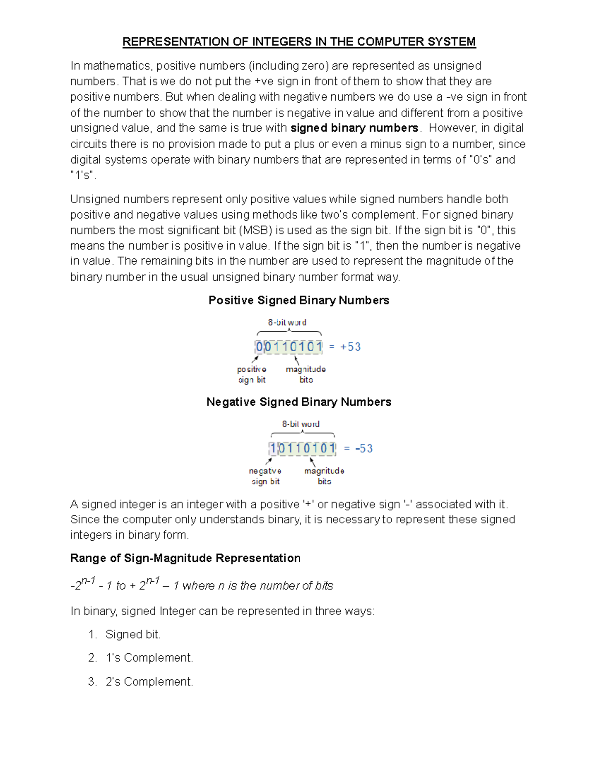 Representation of Signed Integers in Computer Systems - Studocu