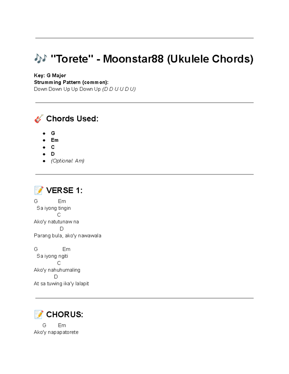 Ukulele Chords for "Torete" - Moonstar88 (G Major) - Studocu