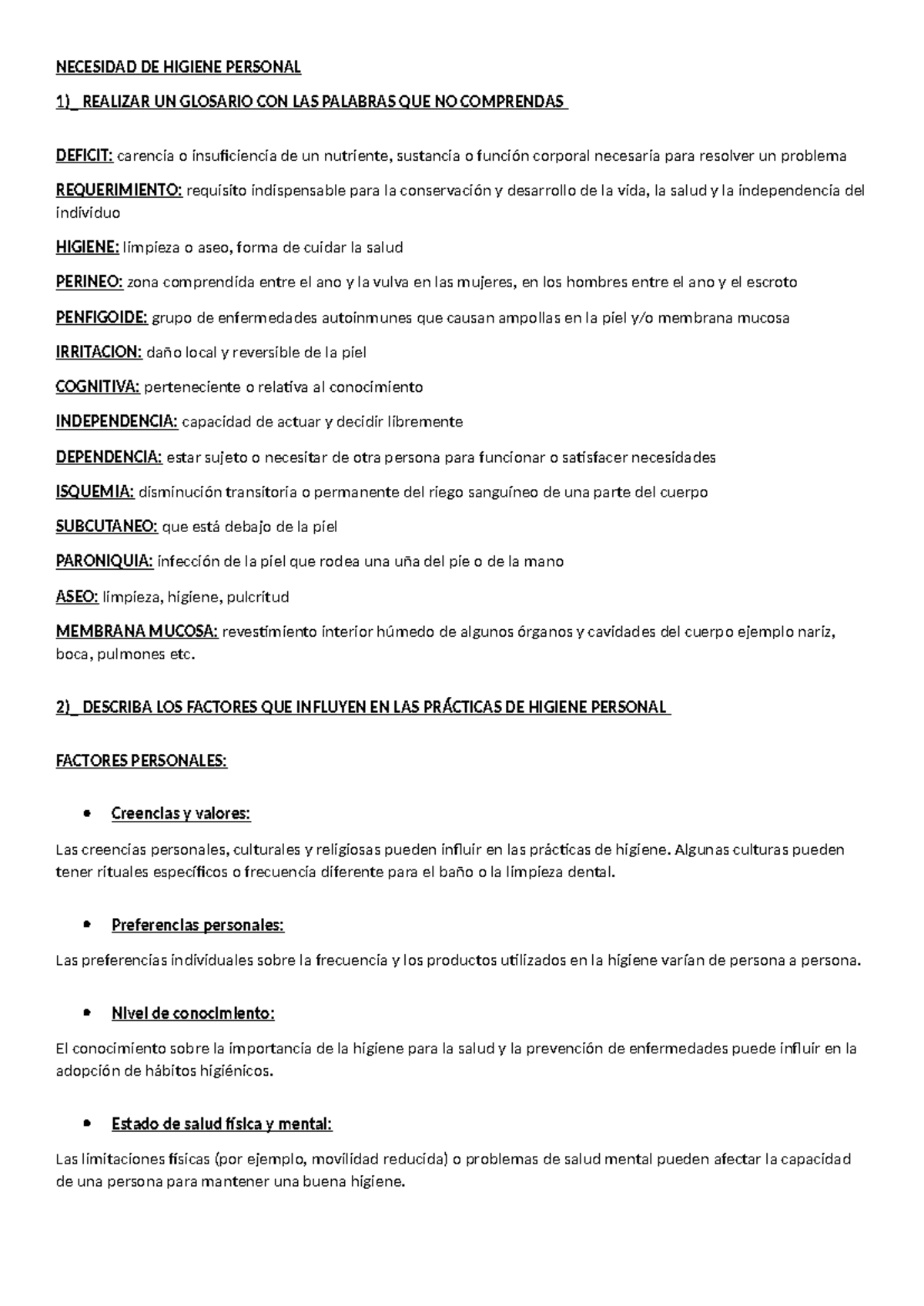 Higiene Personal y Cuidado: Glosario y Factores Influyentes - Studocu