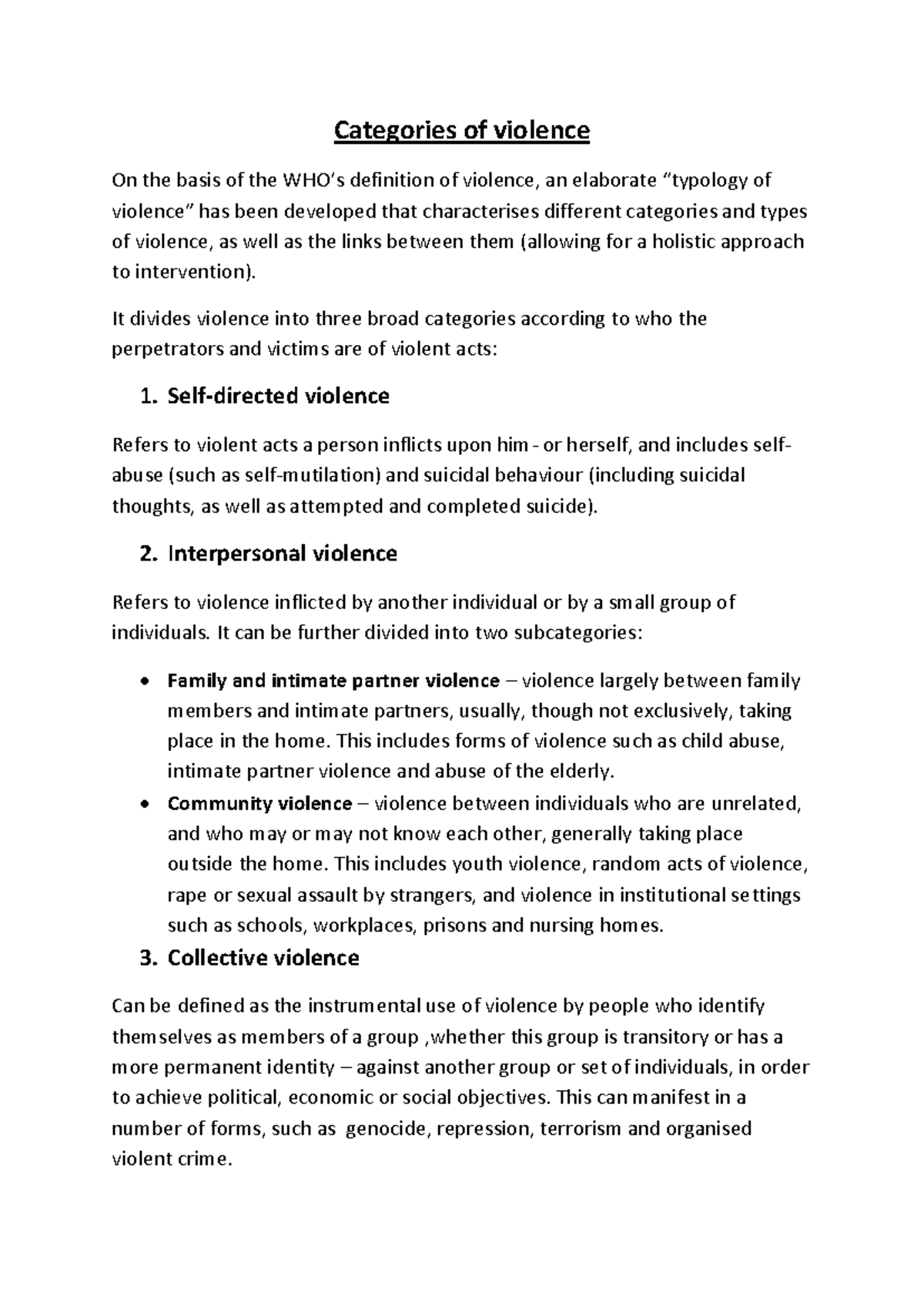 Types of Violence: An Analysis of Categories and Examples - Studocu