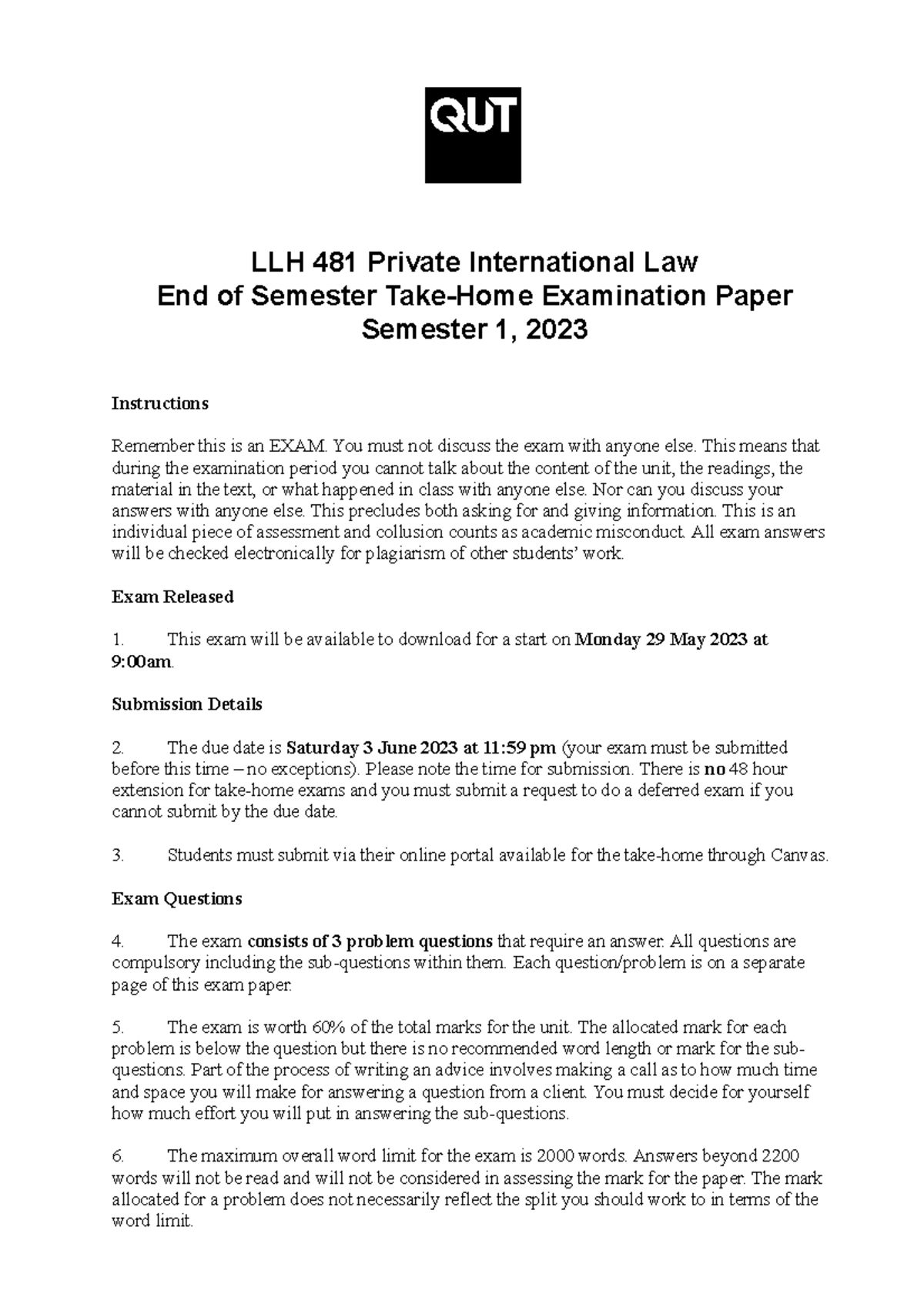 LLH481 2023 Take-Home exam-4 - LLH 481 Private International Law End of ...