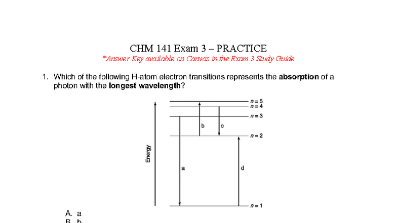 CHM 141 Exam 3 Practice Questions and Key - Studocu