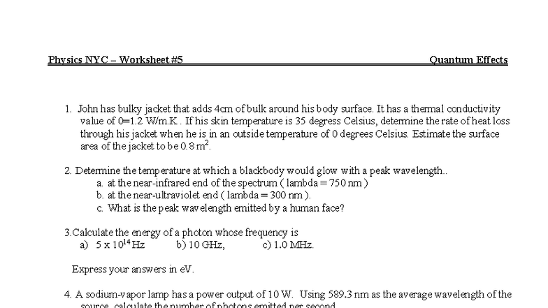 W5 Physics Worksheet: Exploring Quantum Effects and Heat Loss - Studocu