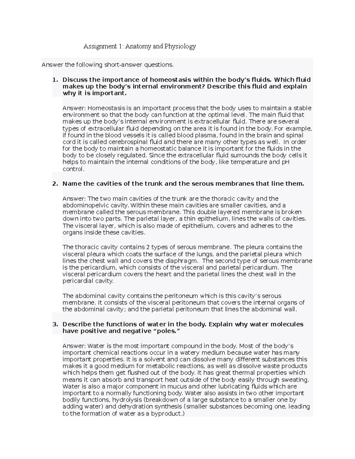 Anatomy & Physiology Assignment 1: Comprehensive Answers - Studocu