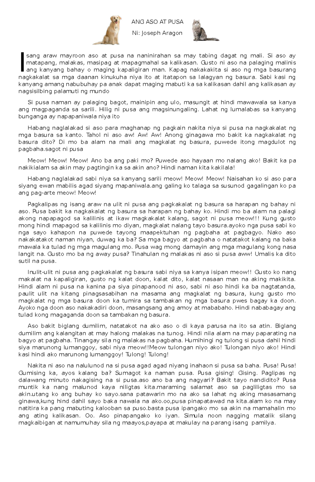 Aso at Pusa: Magkaibigang Nagbago sa Kalikasan - Studocu