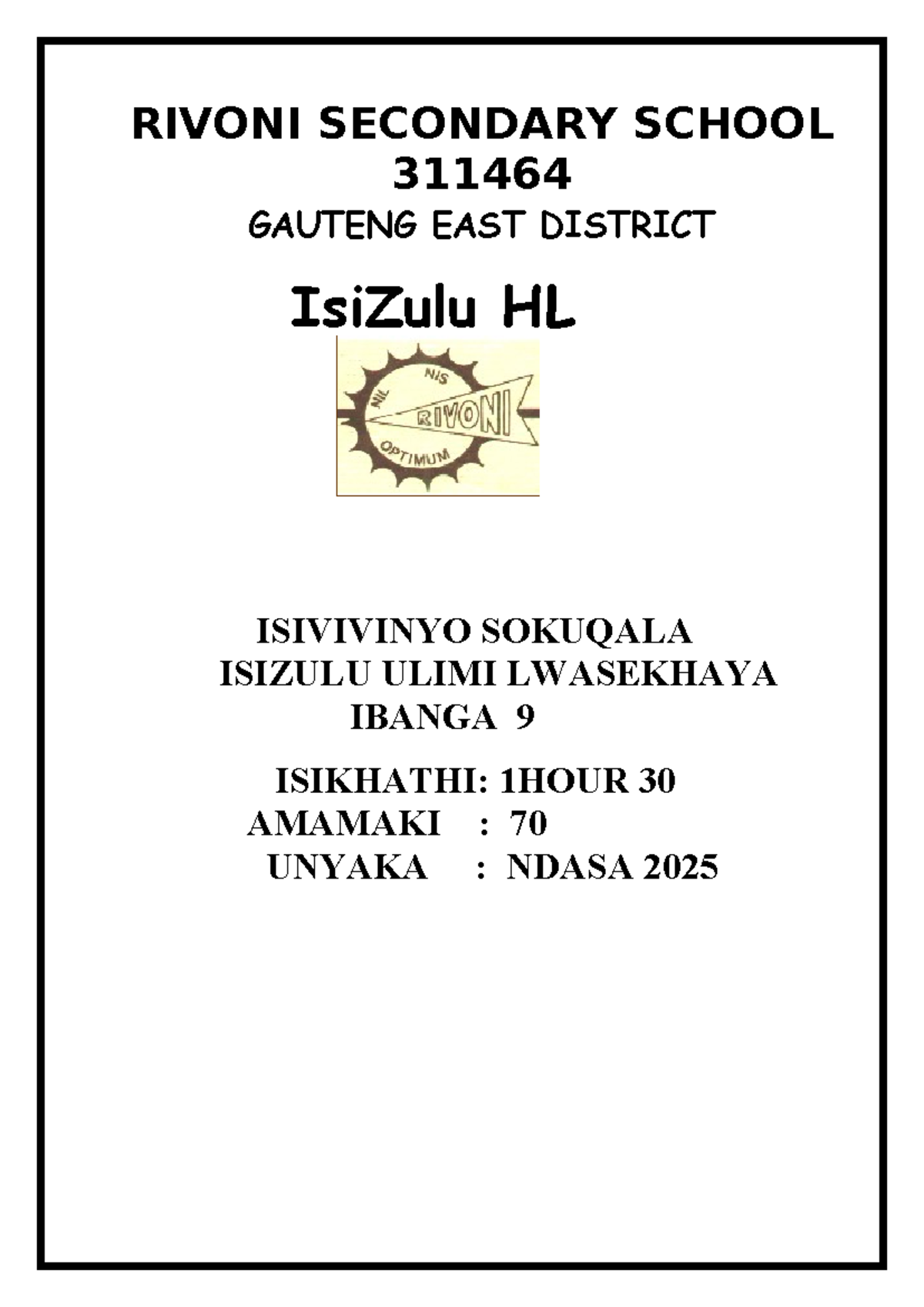 Grade 9 IsiZulu HL Midterm Test 311464 - Rivoni Secondary School - Studocu
