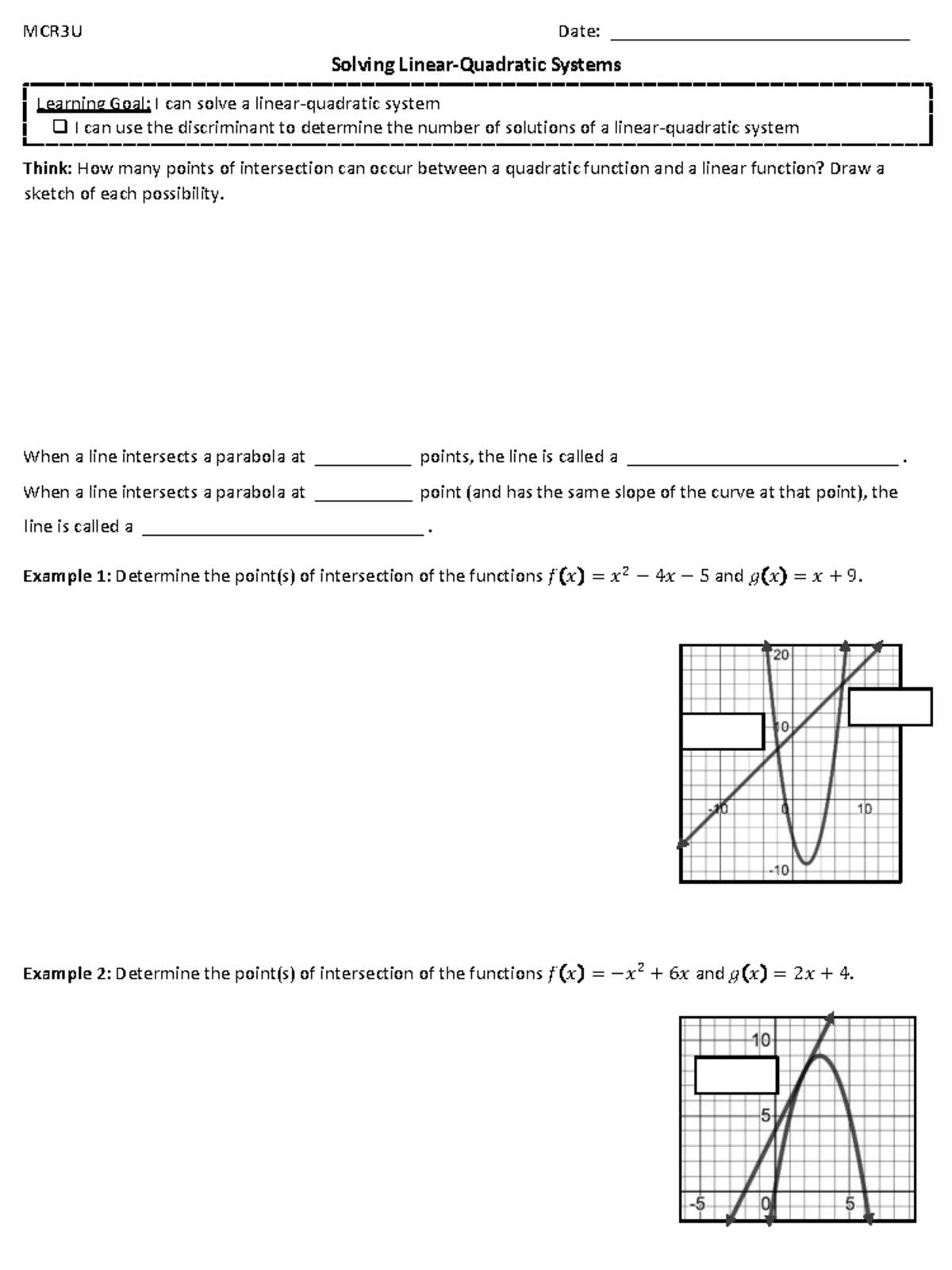 MCR3U Lesson 7: Solving Linear-Quadratic Systems - Studocu
