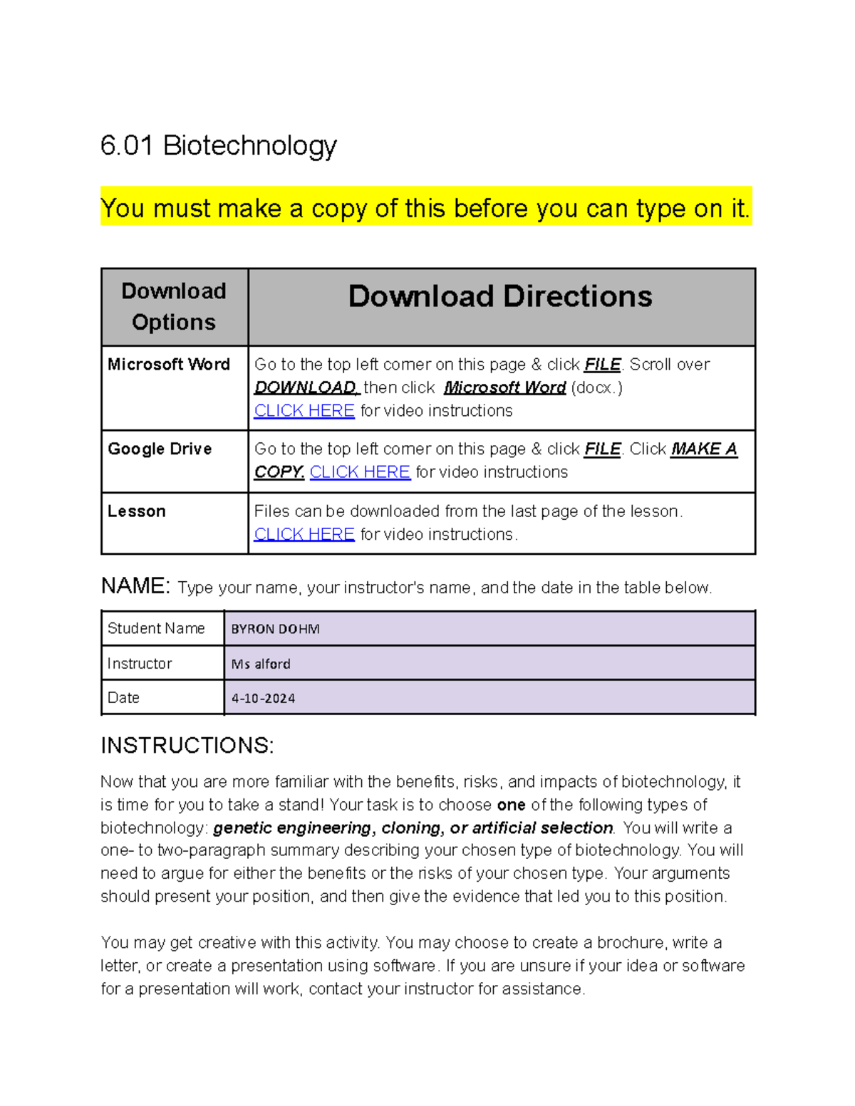 6.01 Biotechnology Lesson Plan: Exploring Genetic Engineering and ...
