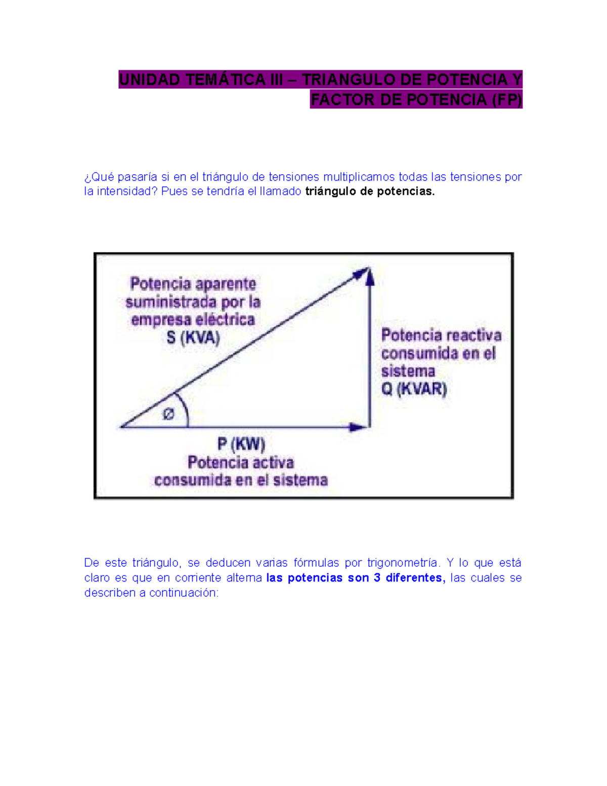 Unidad Temática III: Triángulo de Potencia y Factor de Potencia (FP ...