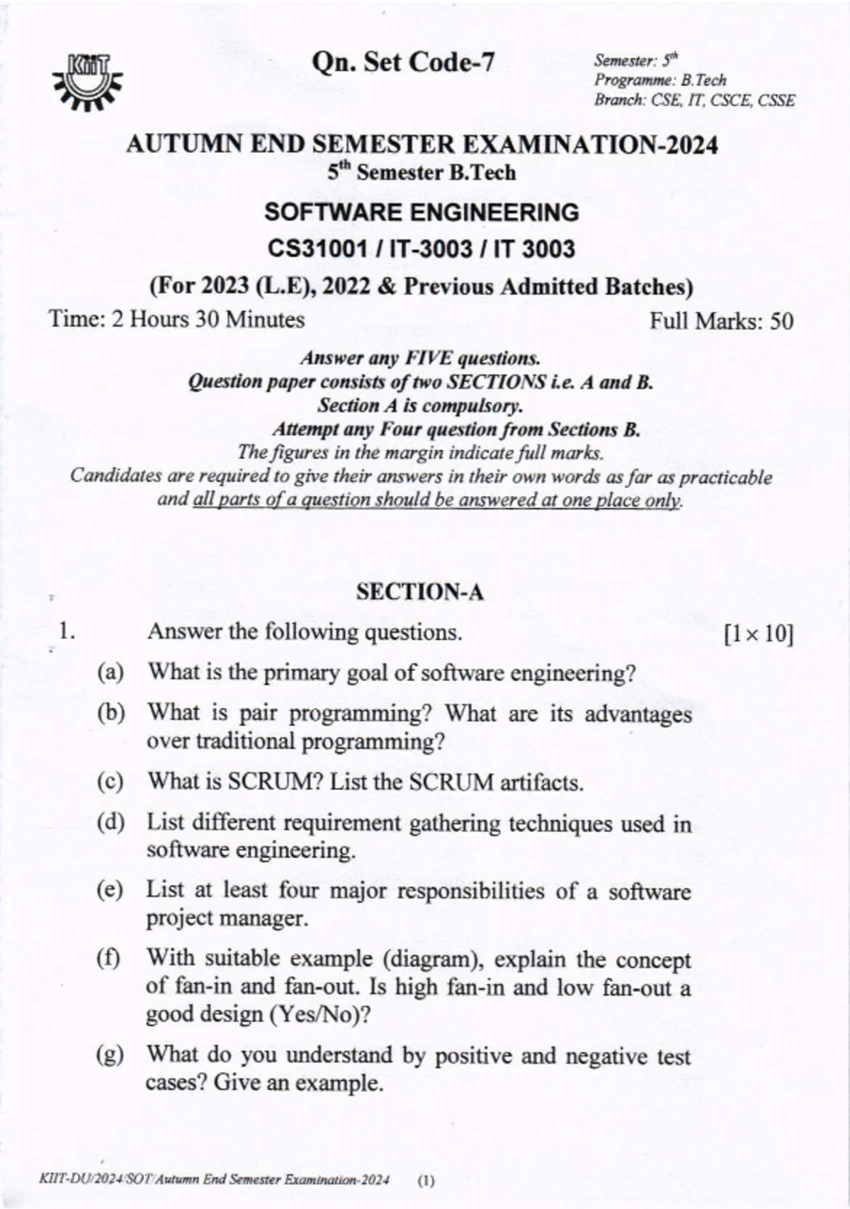 Software Engineering End Semester Exam CS31001 - B.Tech 2024 - Studocu