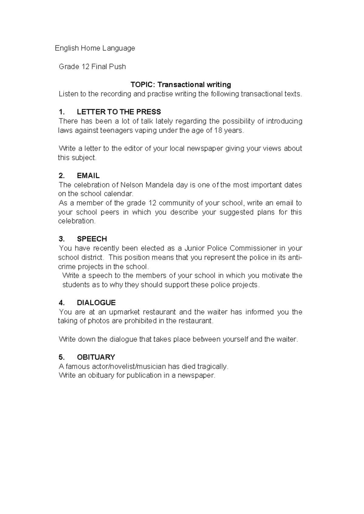 Eng HL Grade 12 Final Exam: Transactional Writing Practice Worksheet ...