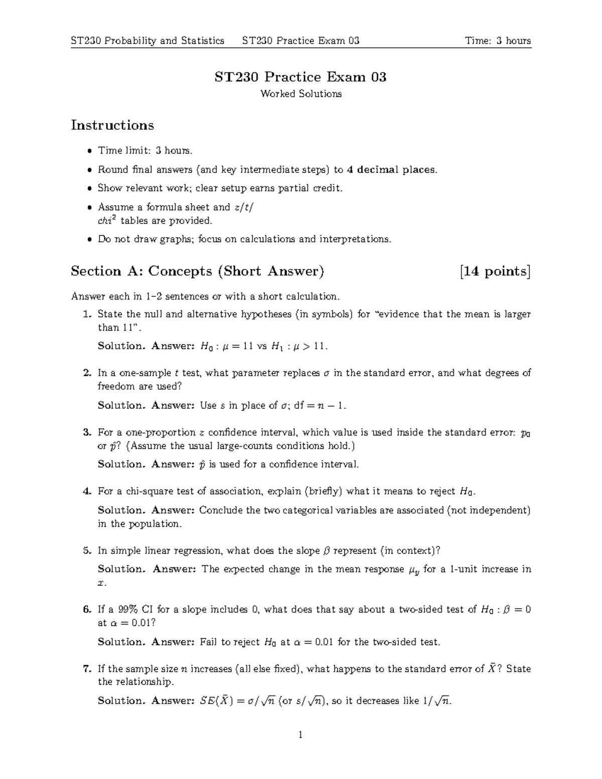 ST230 Probability and Statistics Practice Exam 03 Solutions - Studocu