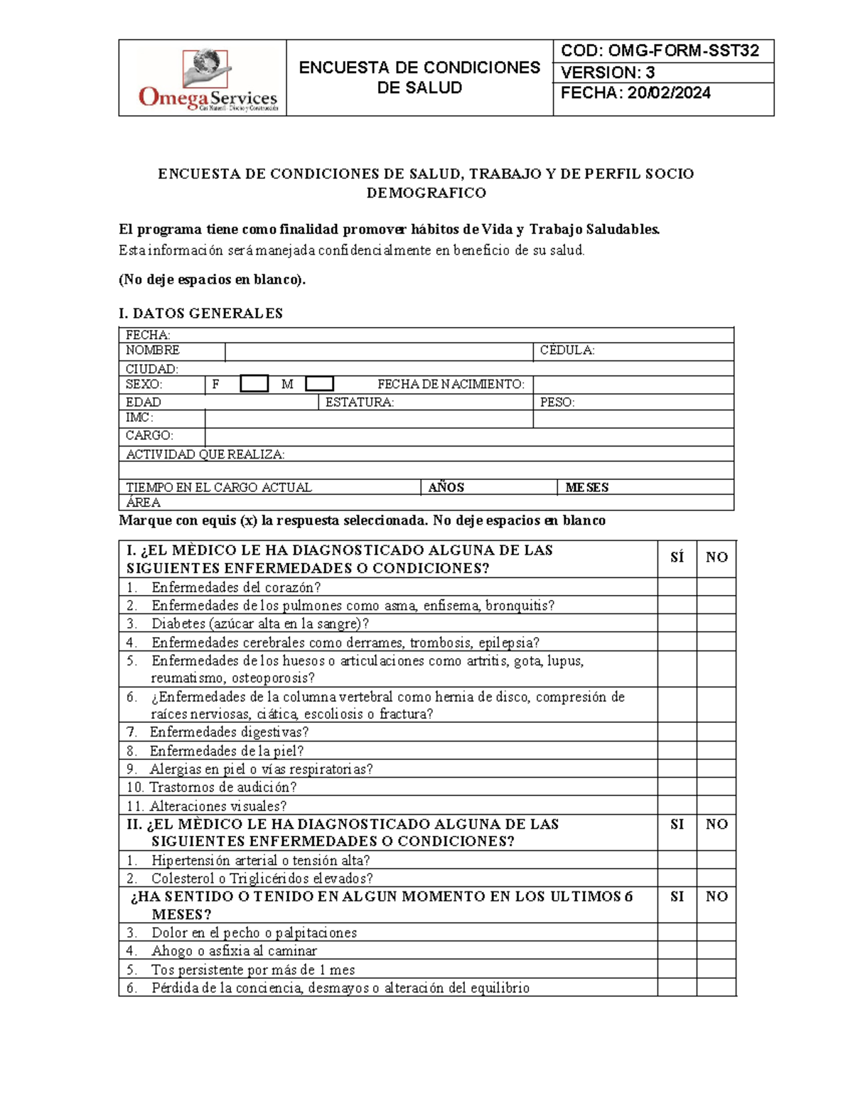OMG-FORM-SST32 Encuesta DE Condiciones DE Salud - ENCUESTA DE ...