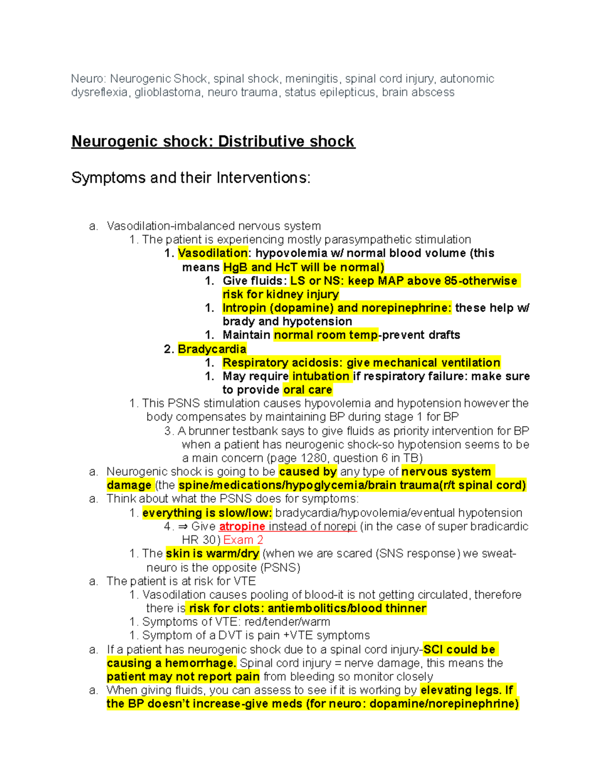 Neuro final - Neuro: Neurogenic Shock, spinal shock, meningitis, spinal ...