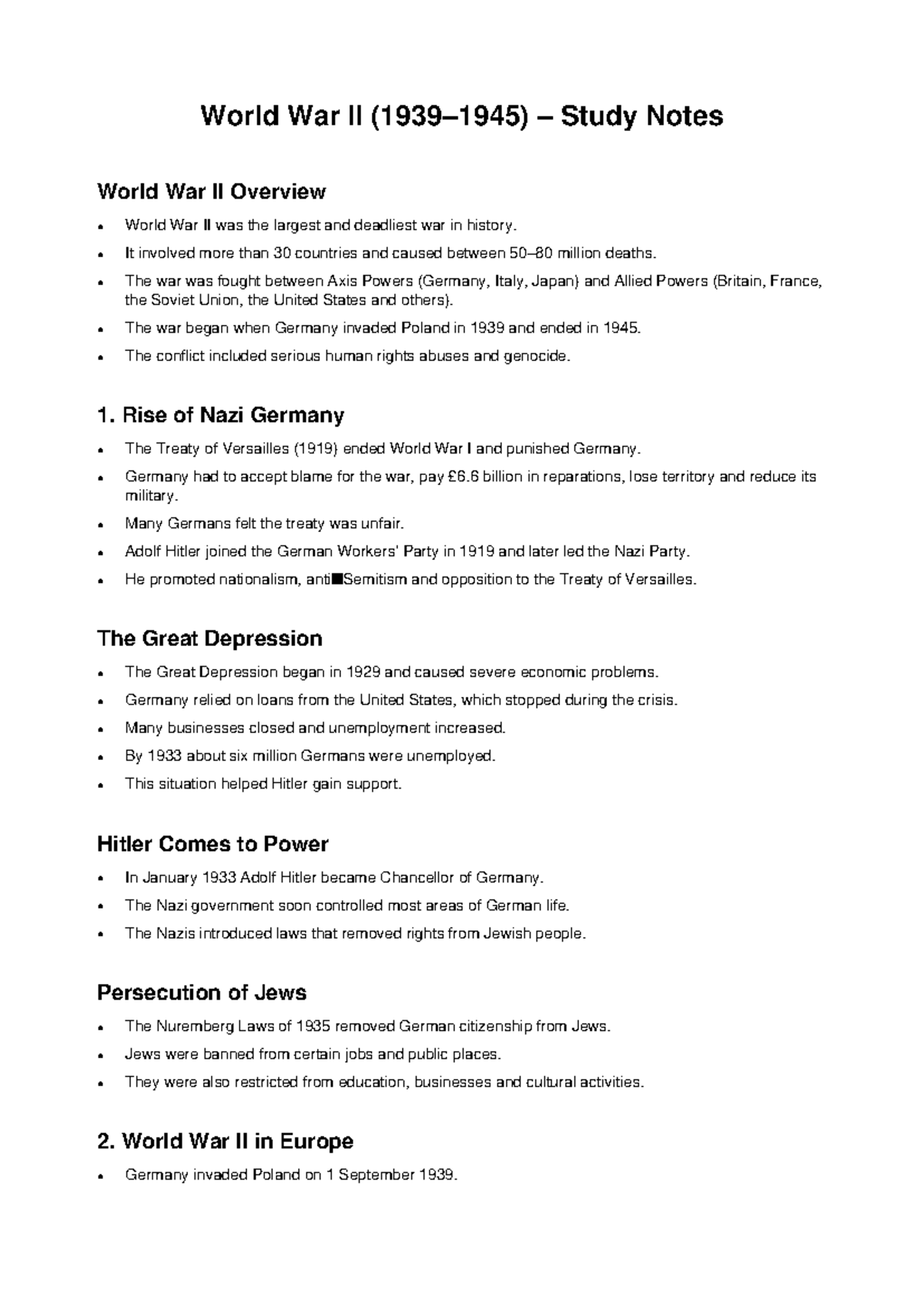 WWII Study Notes: Overview & Key Events (1939-1945) - Studocu