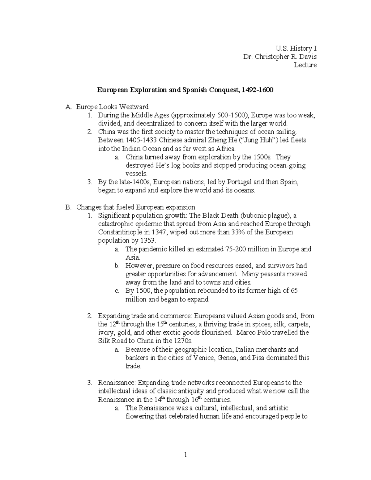 U.S. History I: Lecture on European Exploration & Spanish Conquest ...