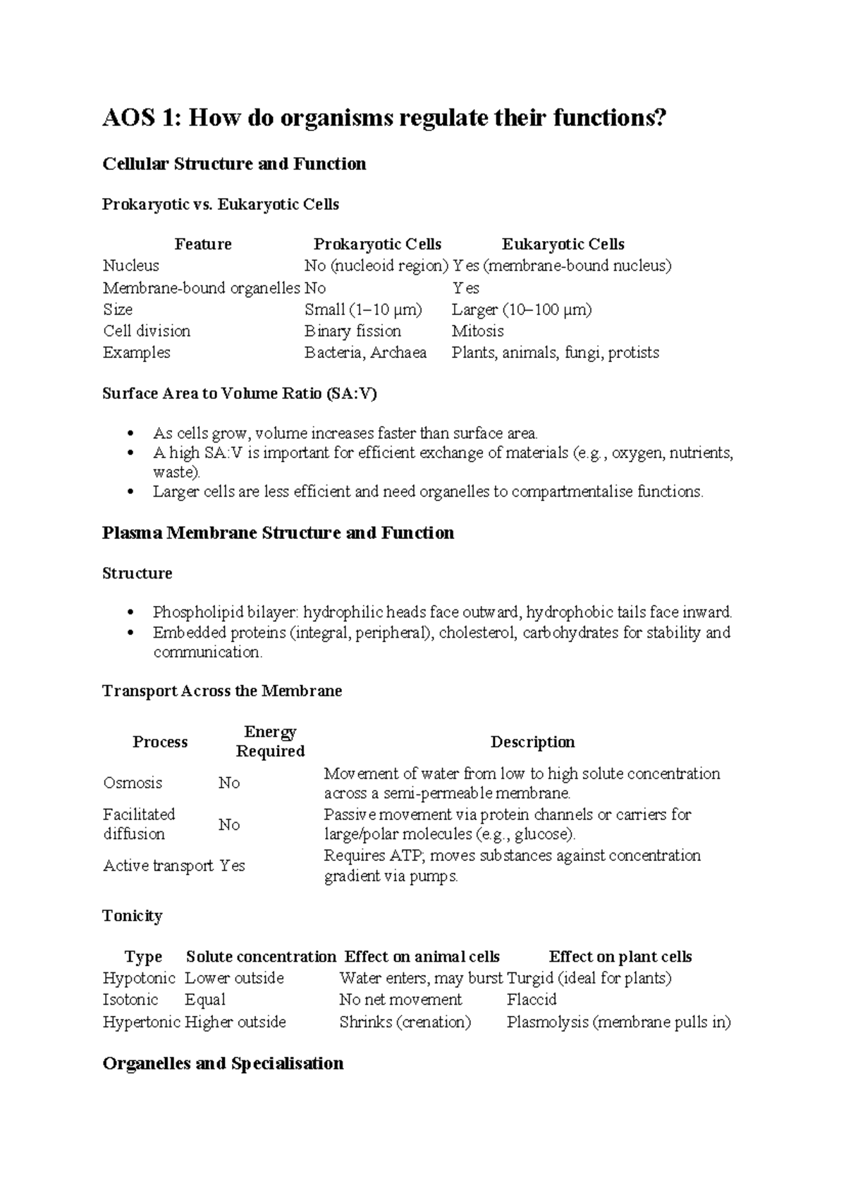 AOS 1: Study Notes on Cellular Structure & Function - Studocu