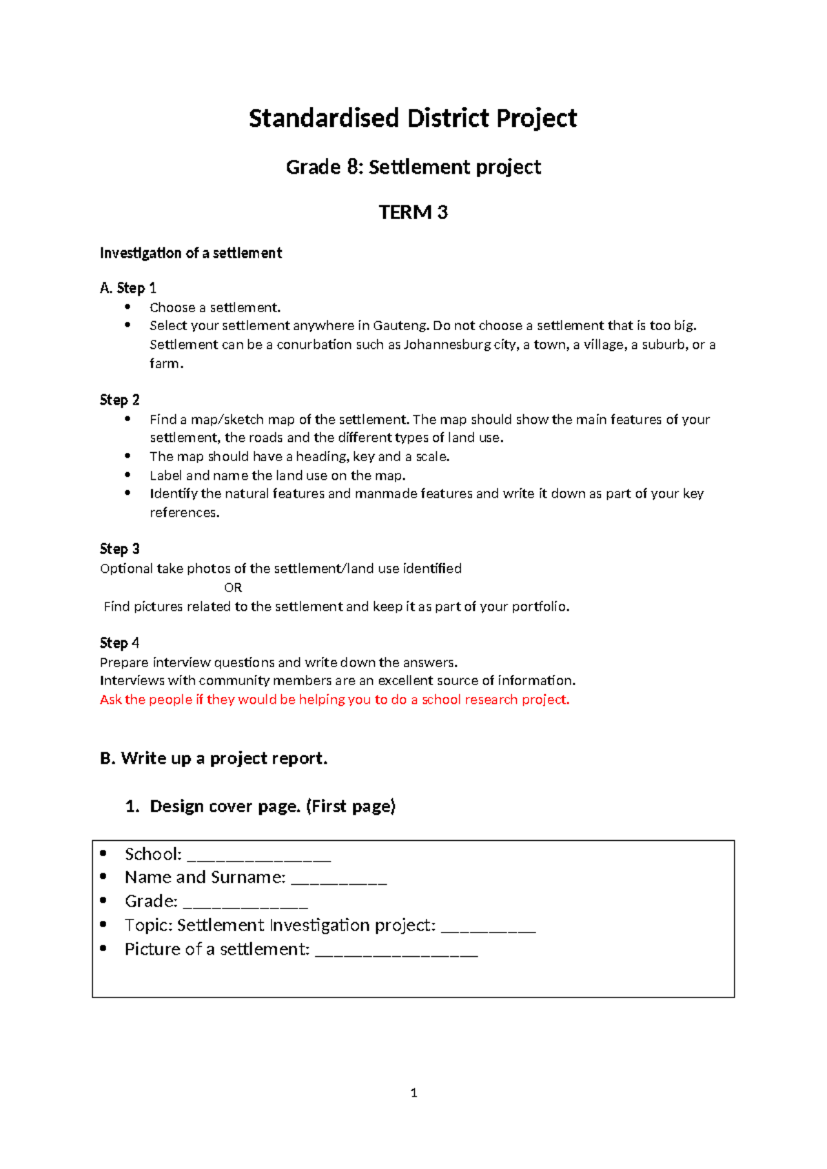 Settlement Project Grade 8: Term 3 Investigation Guide - Studocu