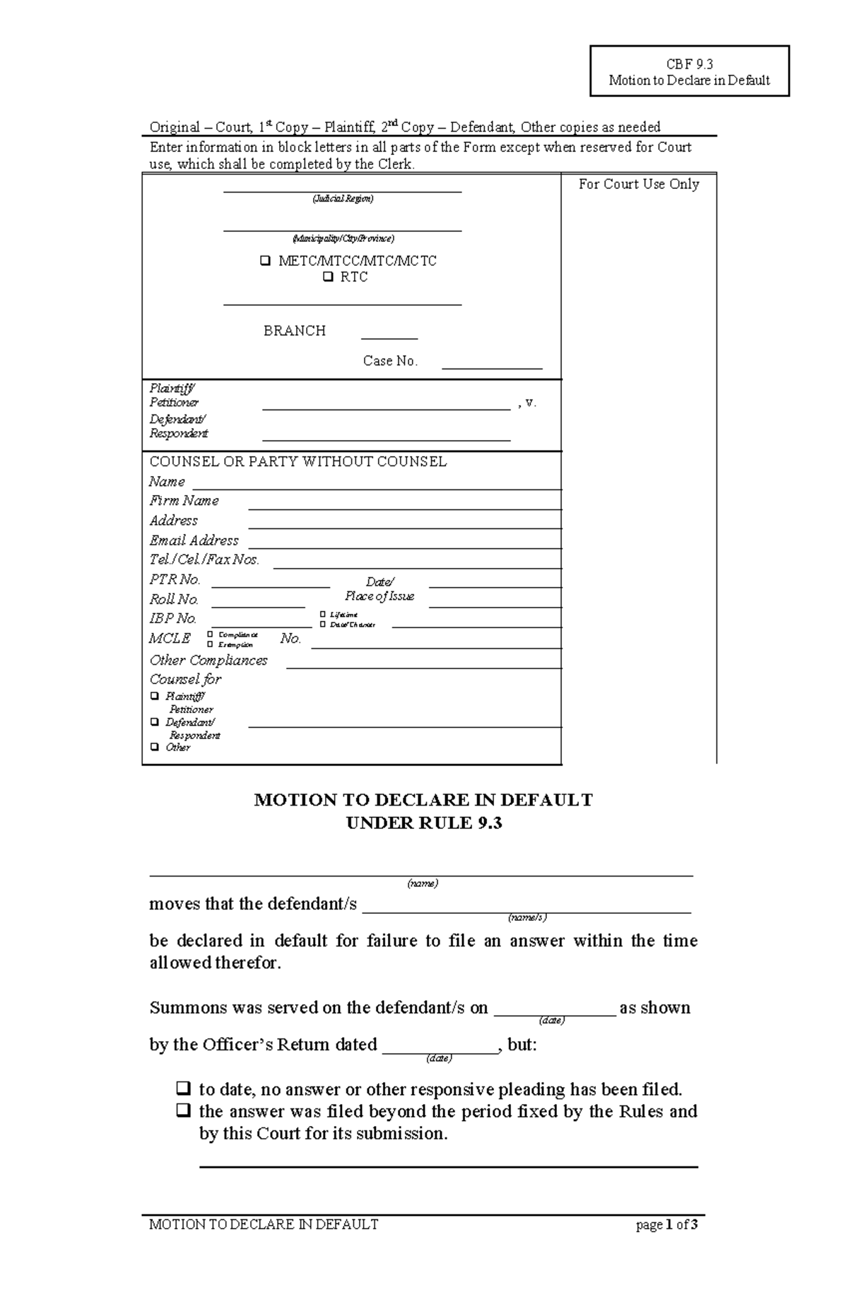 MCF 9.3 Motion to Declare Defendant in Default - Legal Document ...