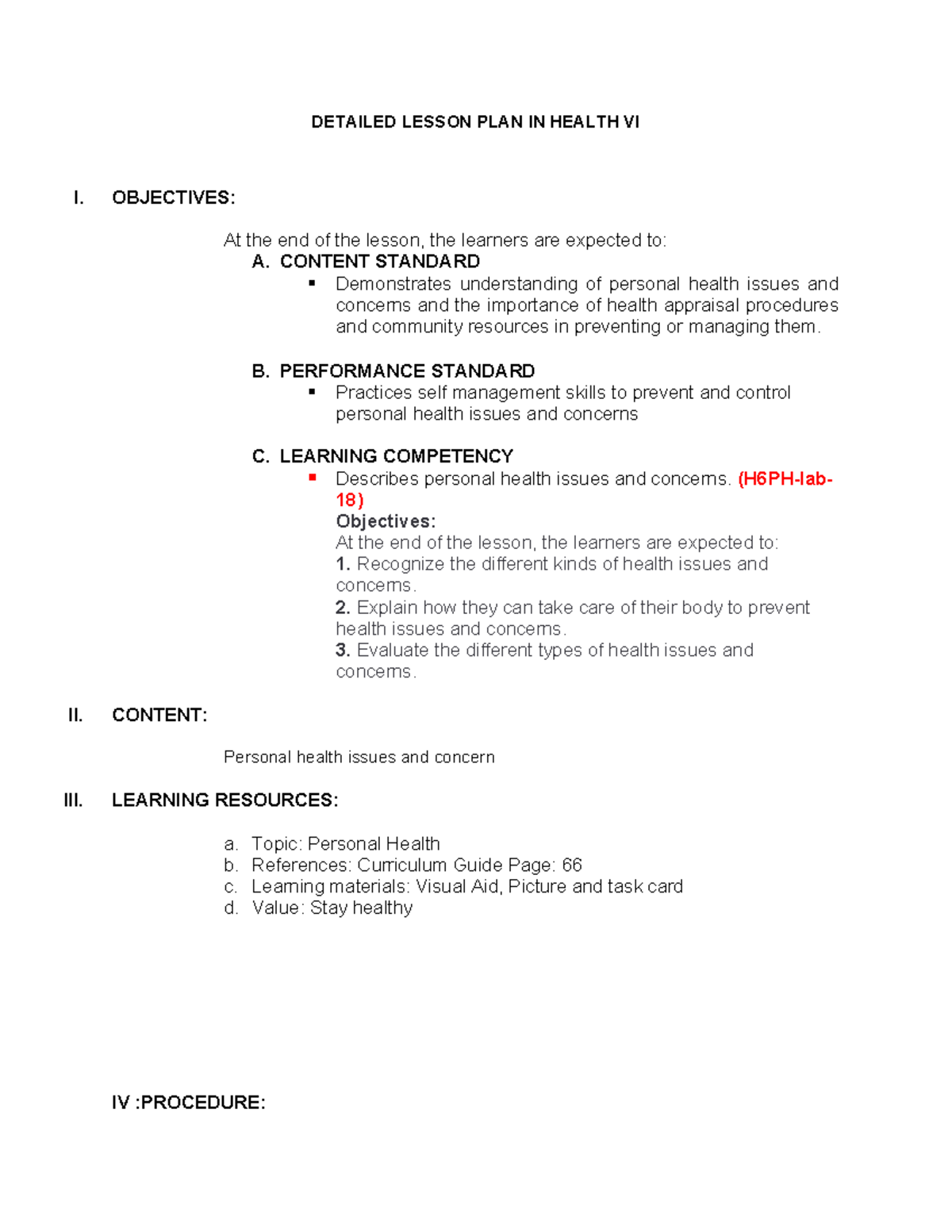 Detailed Lesson PLAN IN Health VI - DETAILED LESSON PLAN IN HEALTH VI I ...