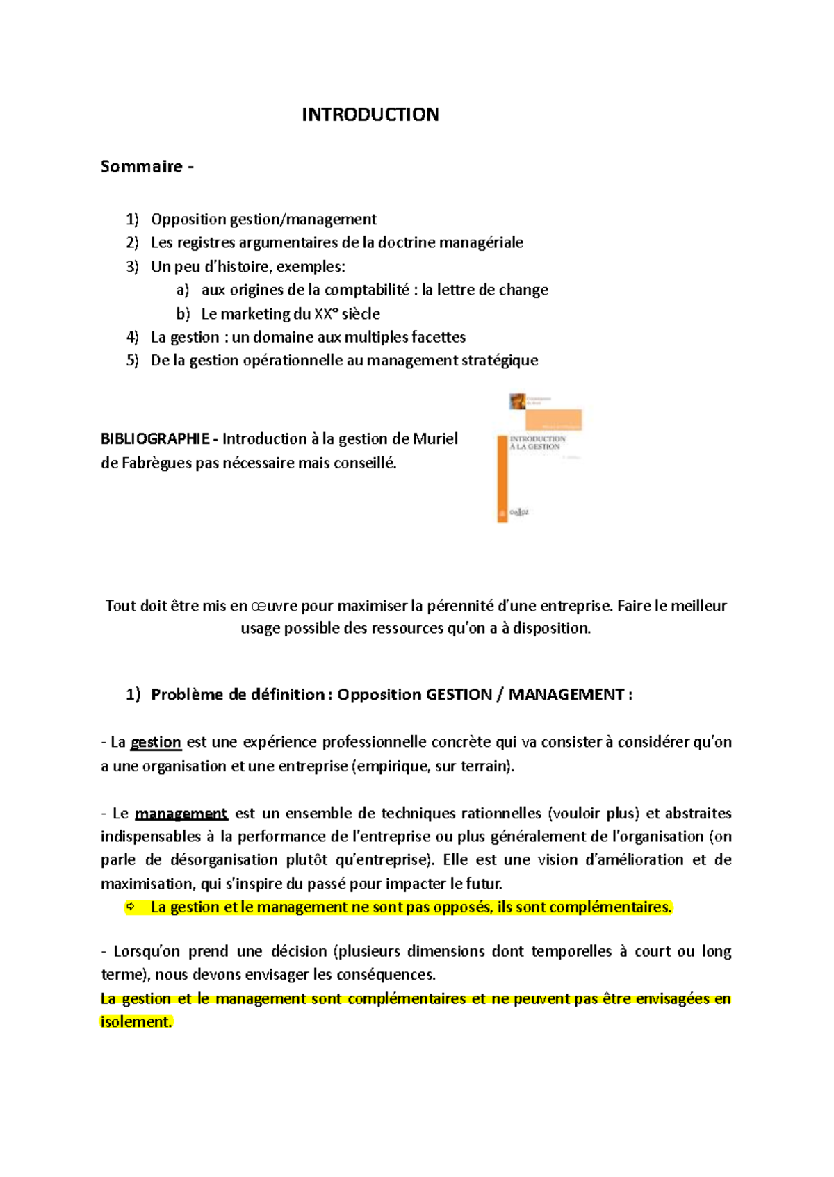 Introduction à la Gestion : Concepts et Pratiques Essentielles - Studocu
