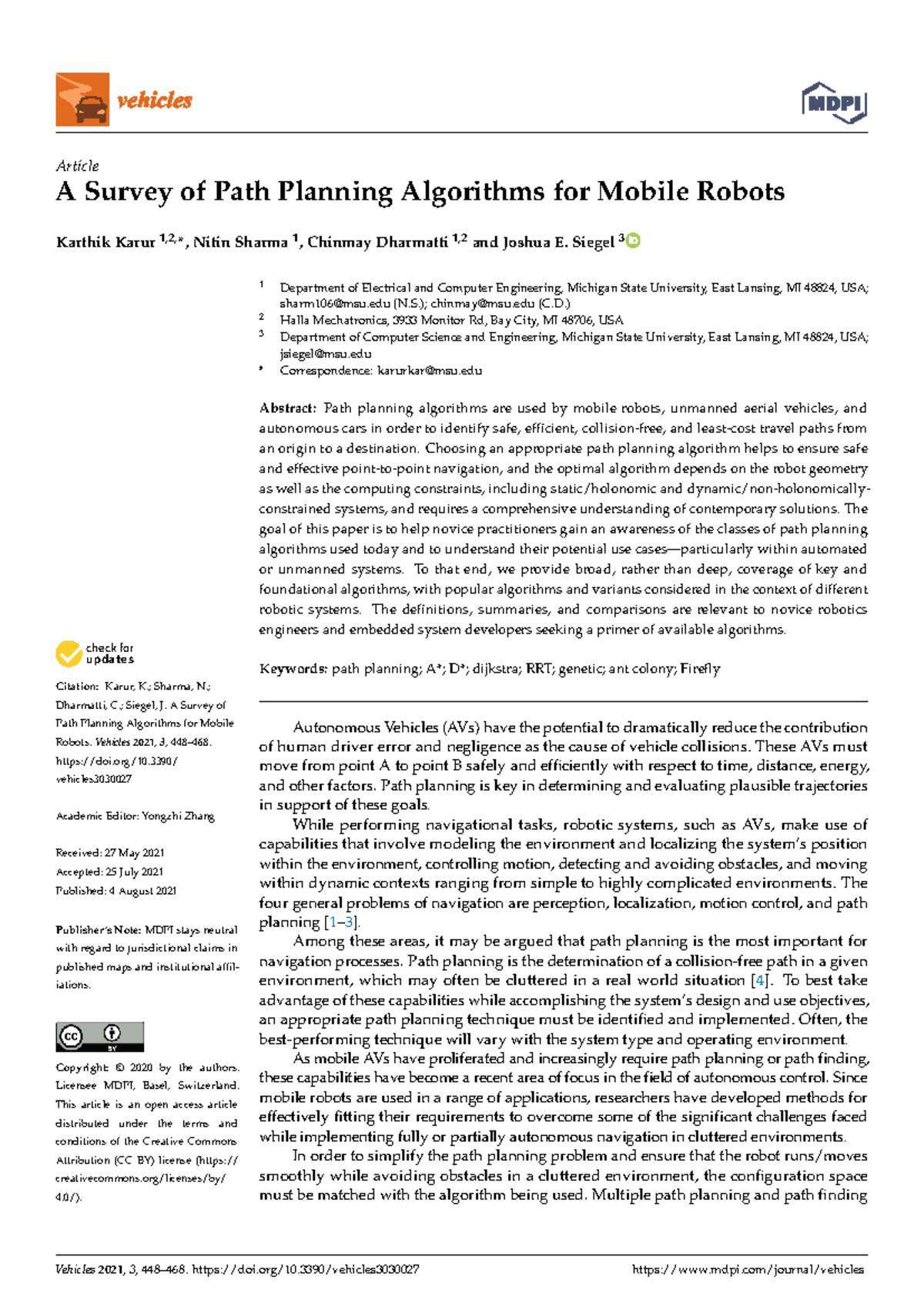 A Survey of Path Planning Algorithms for Mobile Robots (VEH 2021) - Studocu