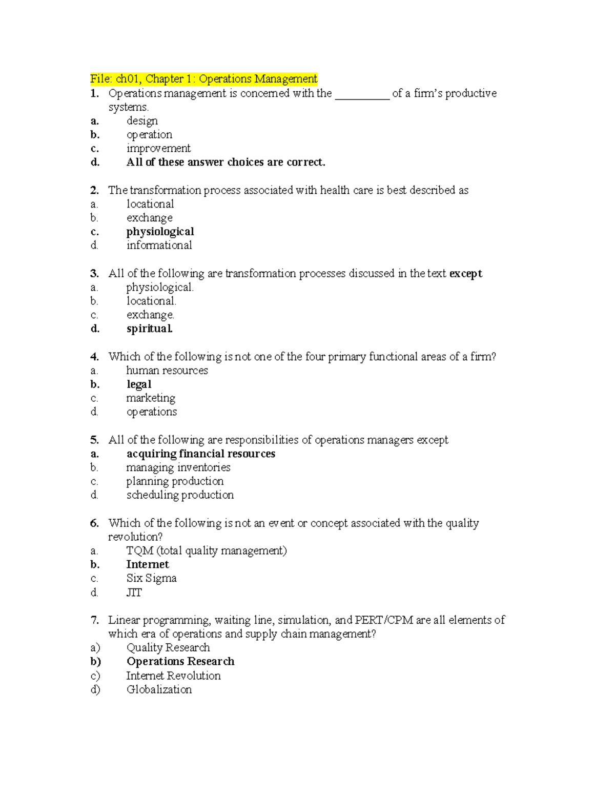 Operations Management Concepts and Q&A (Test 13 - 2020) - Studocu