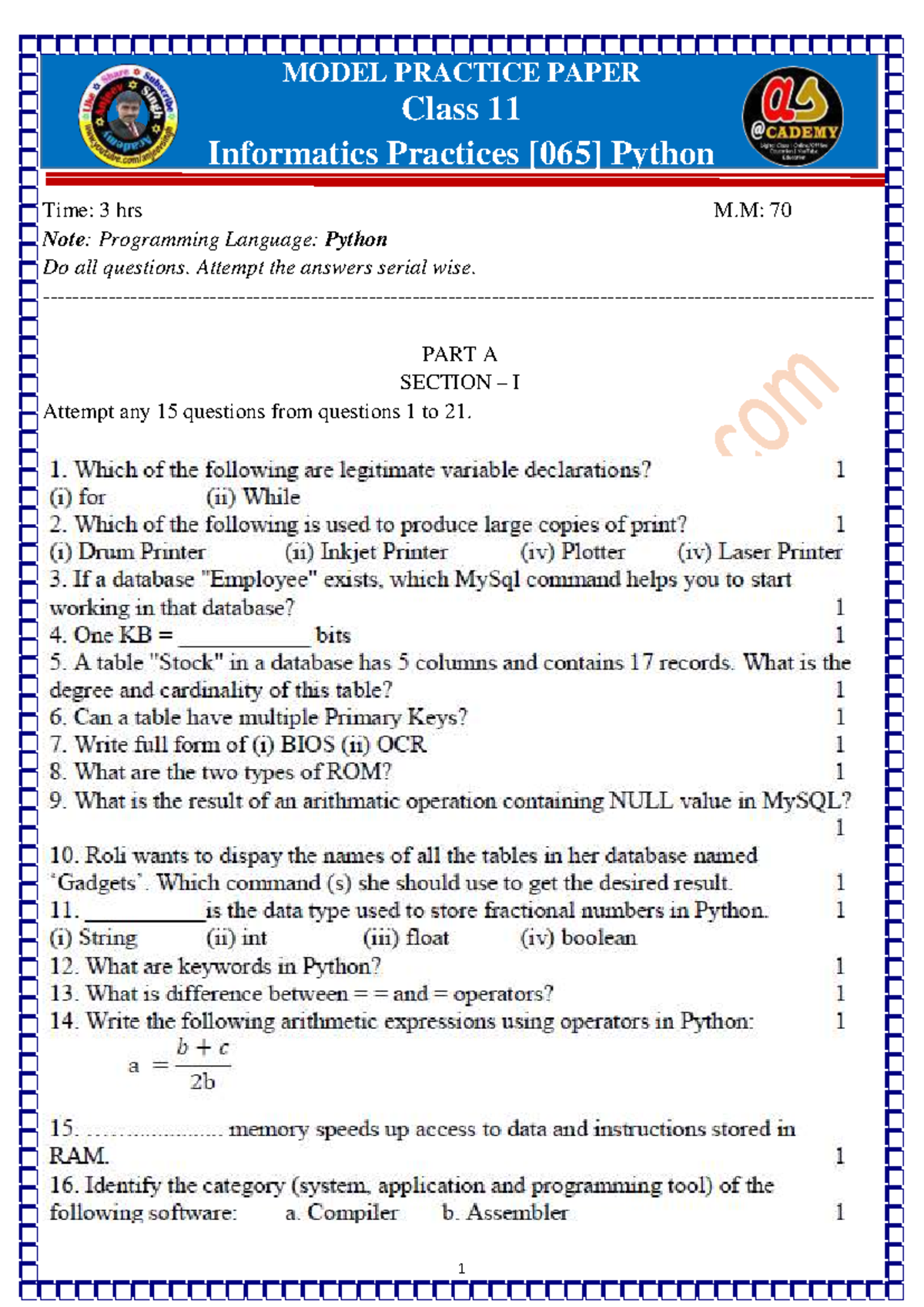Class 11 Informatics Practices Model Practice Paper - Python - Studocu
