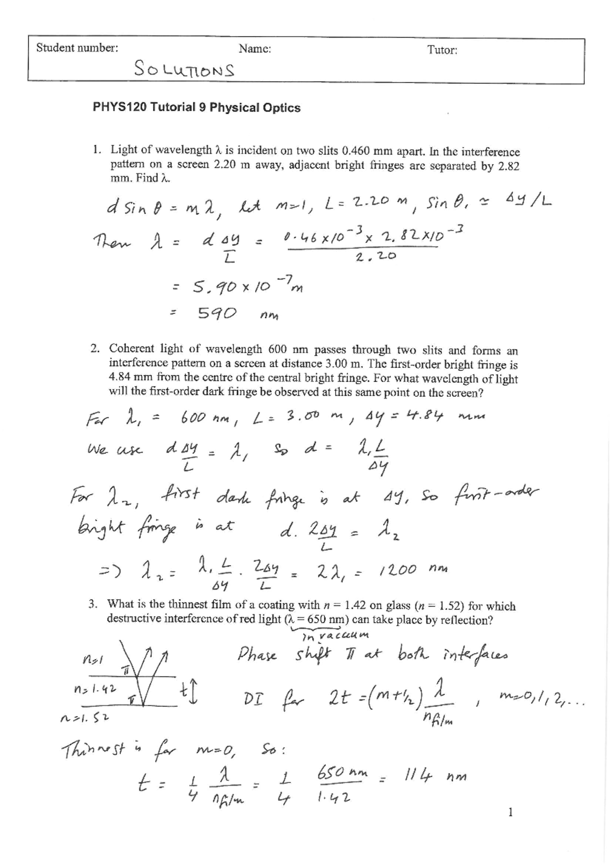 PHYS120 Tutorial 9 Solutions: Physical Optics Interference Problems ...