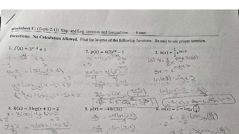 Worksheet C: Topic 2.13 - Exp. & Log. Inverses & Inequalities - Studocu
