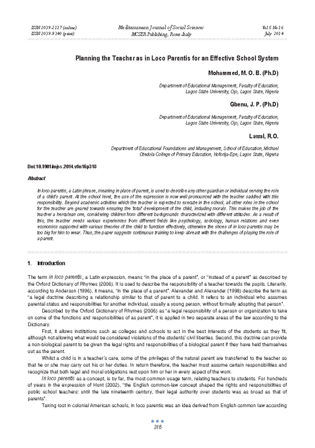 Planning the Teacher as in Loco Parentis for an Ef - ISSN 2039-9340 ...