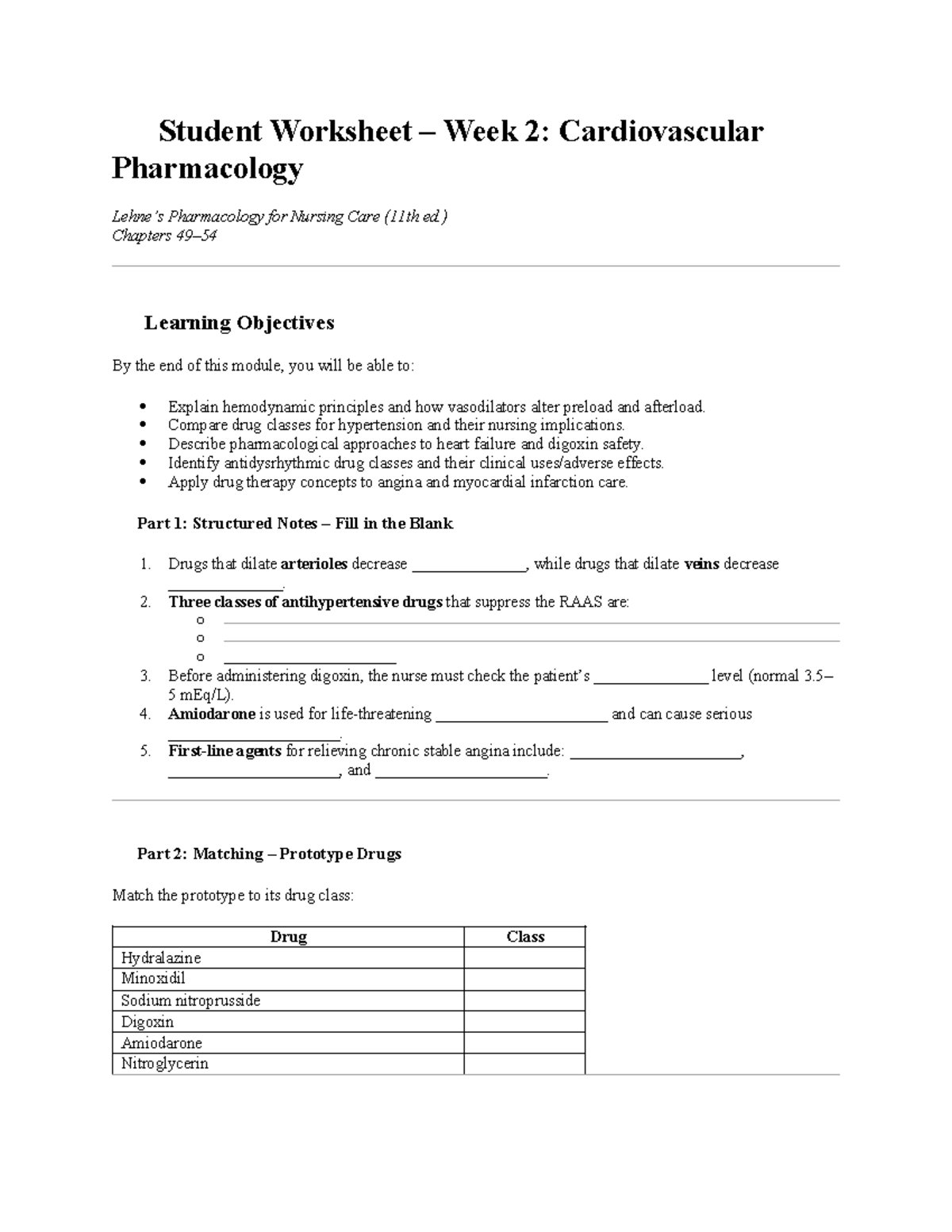 Student Worksheet – Week 2: Cardiovascular Pharmacology (NURS 301 ...