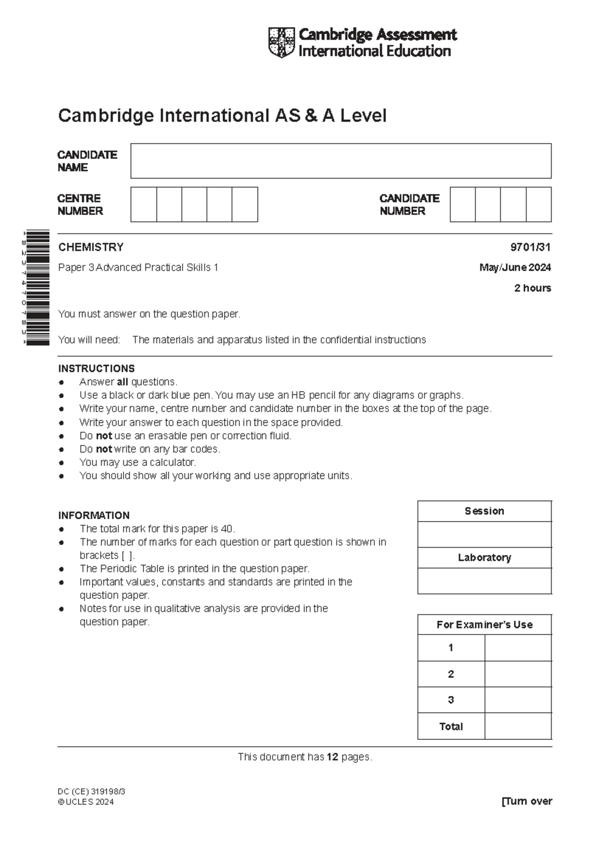 Cambridge International AS A Level 8 2 3 7 4 7 0 7 8 3 CHEMISTRY 2024 ...