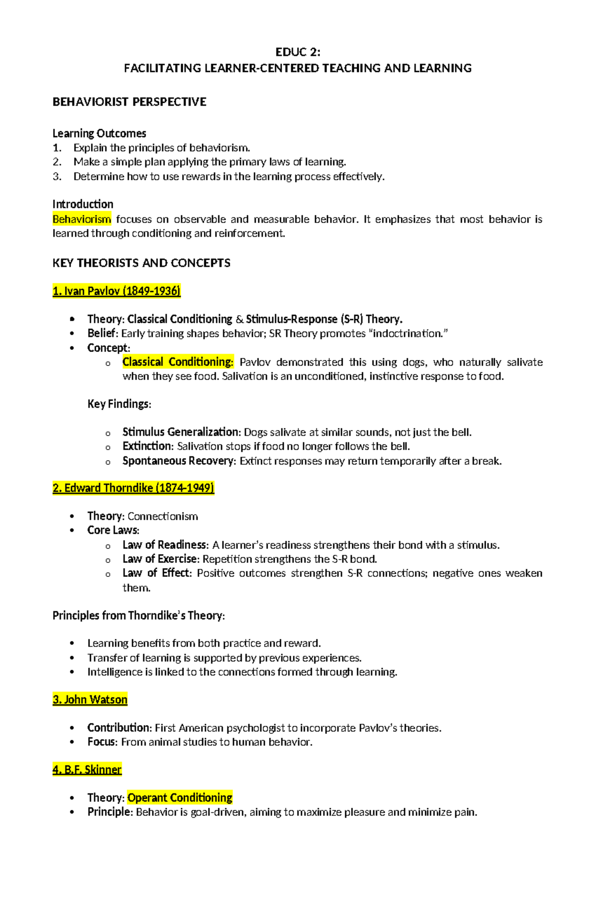 EDUC 2: FACILITATING TEACHING AND LEARNING - BEHAVIORIST PERSPECTIVE ...
