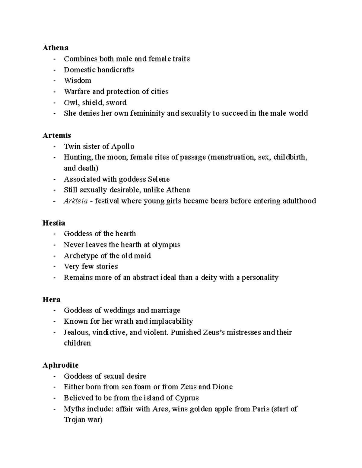 Classical Mythology Chapter Notes: Female Deities & Their Traits (65271 ...