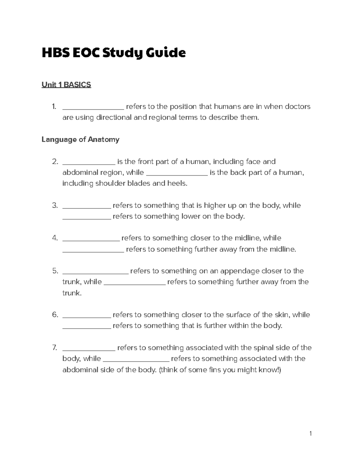 HBS EOC Study Guide: Unit 1 Basics of Human Anatomy & Physiology - Studocu