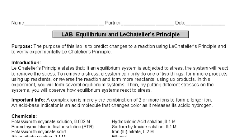 LAB #12: Le Chatelier's Principle Experiment and Observations - Studocu